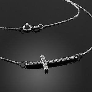 925 Sterling Silver Curved Pendant Stone Studded Sideways Cross Necklace - 16 Inches