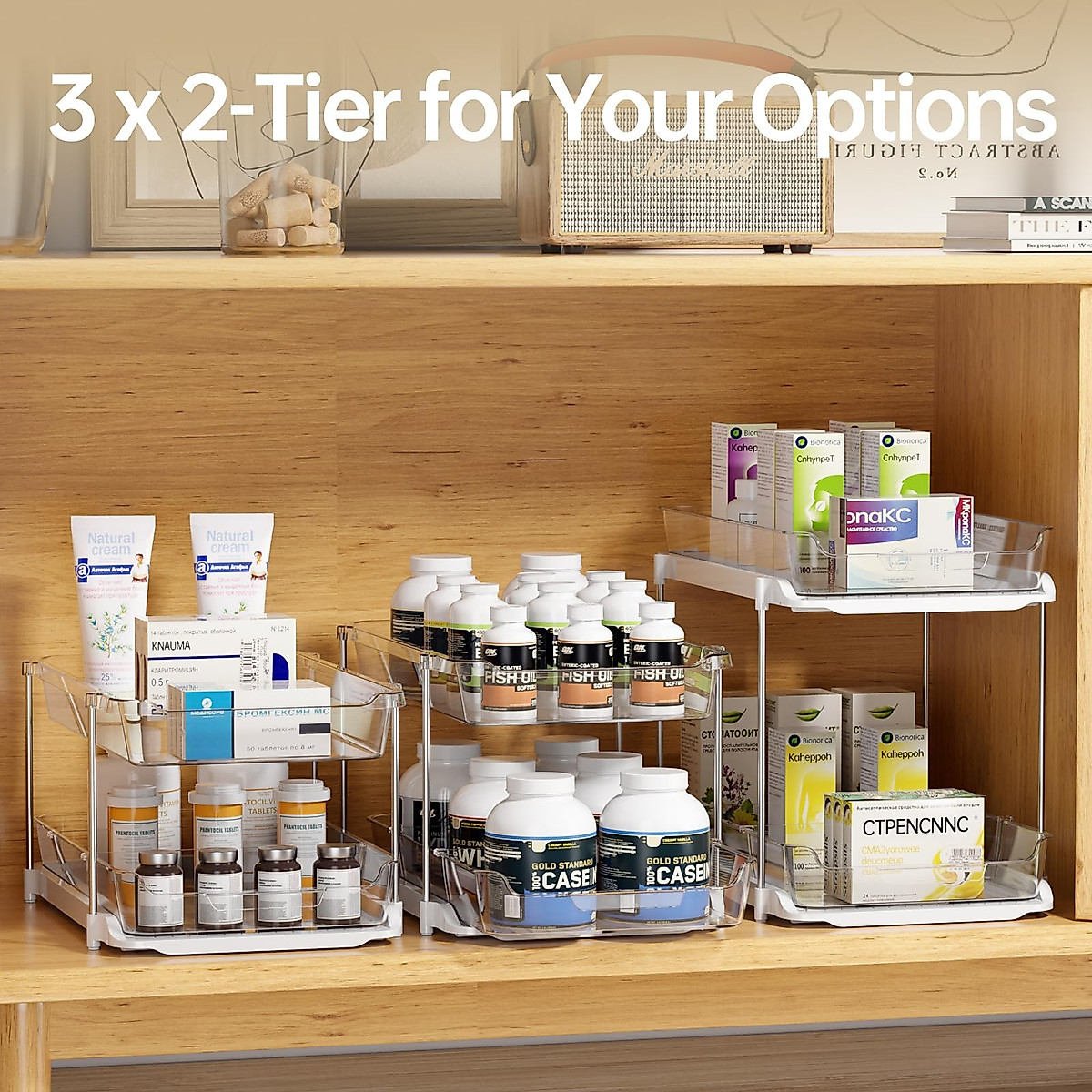 Delamu 2 Sets of 3-Tier Bathroom Under Sink Organizers and Storage, Multi-Purpose Stackable Pantry Organization and Storage, Pull Out Clear Kitchen Bathroom Cabinet Organizer with Movable Dividers