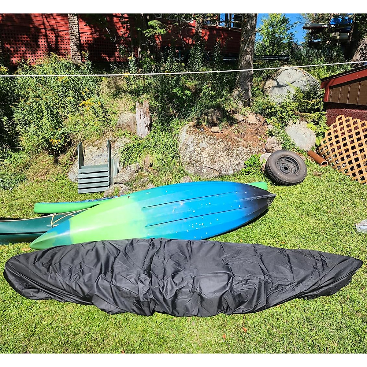 J&C Kayak Covers for Outdoor Storage Waterproof Canoe Cover Dust Proof Fits 8ft 10ft 12ft 13ft 14ft 15 16 17 18ft 19 ft 210D Polyester Anti Sunlight Fishing Boat Protector Black (13.4-14.8ft)