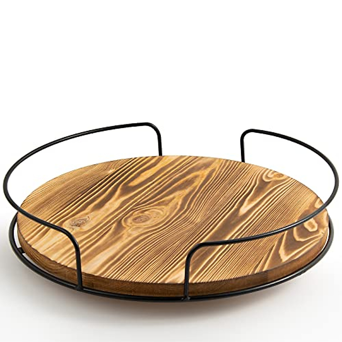 12 Inch Wood Lazy Susan Turntable for Table, Kitchen Rustic Turntable Organizer with Steel Frame, 360 Degree Decorative Turntable for Countertop Cabinet or Centerpieces