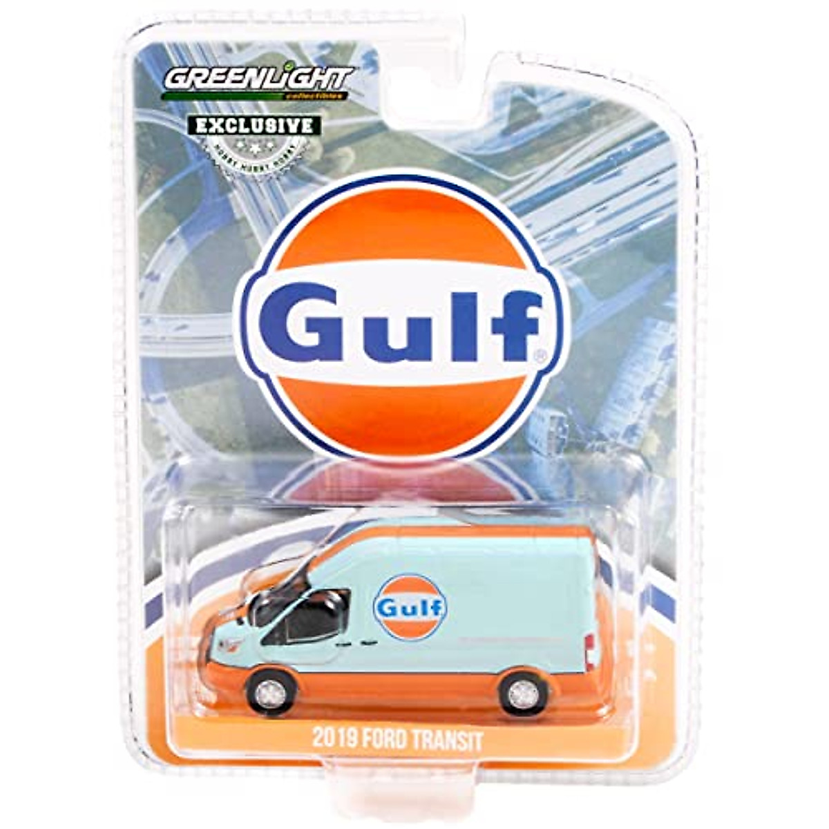 2019 Transit LWB High Roof Van Gulf Oil Light Blue and Orange Hobby Exclusive 1/64 Diecast Model Car by Greenlight 30260