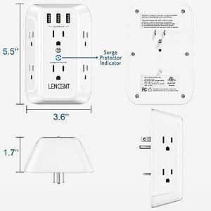 LENCENT USB Wall Charger, Surge Protector 6 Outlet Extender with 3 USB Ports, 1728J Power Strip Multi Plug,3-Sided Widely Spaced Adapter Multiple Expander,Mountable Wall tap for Home Travel Office