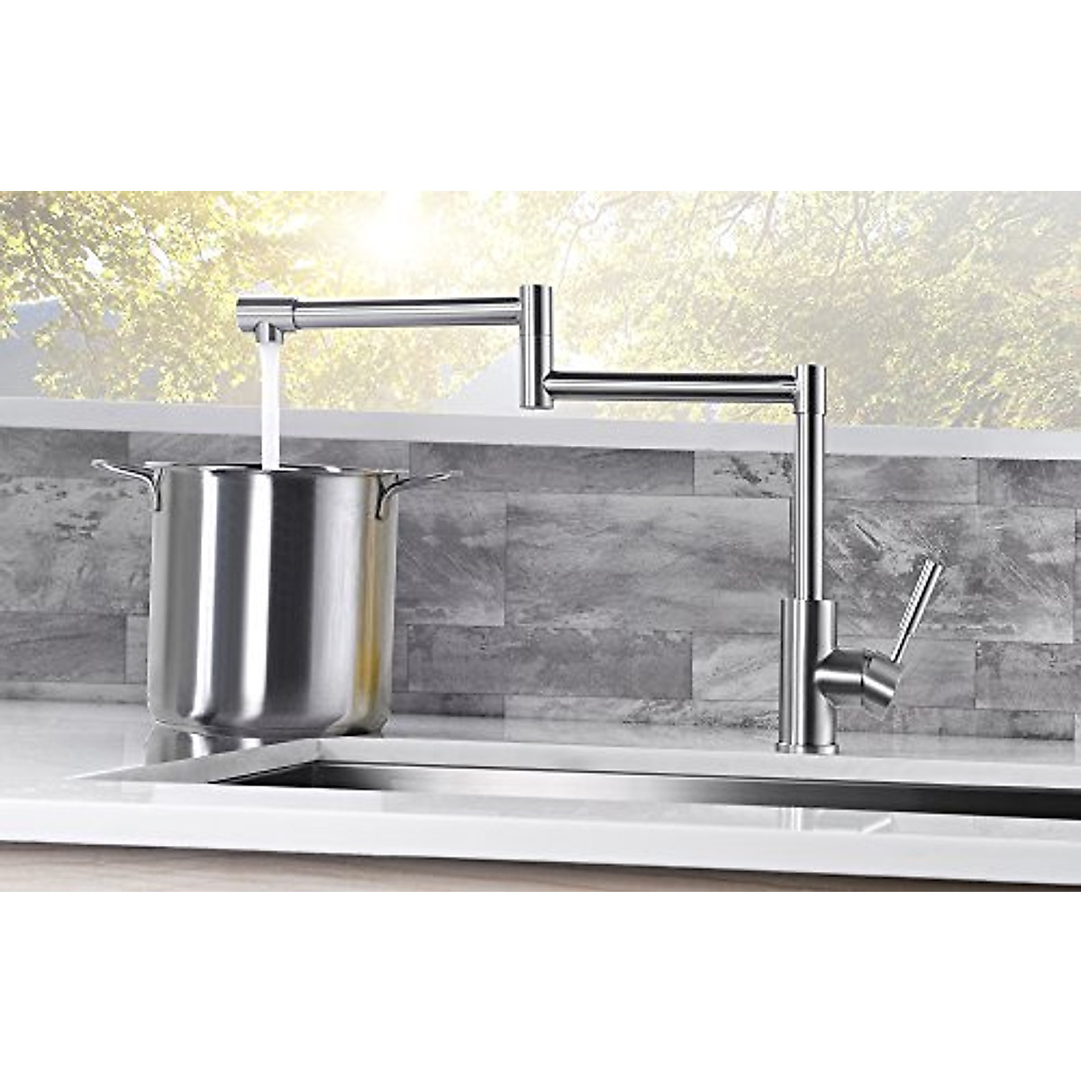 Heouty Modern Single Handle 2 Joints Free Rotating SUS304 Stainless Steel Pot Filler Faucet, Brushed Nickel Deck Mounted Kitchen Sink Faucet