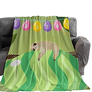 Throw Blankets Cute Sloth with Colorful Easter Eggs Fuzzy Soft Bed Cover Bedspread Microfiber Luxury Blanket for Travel Stadium Camping Couch Sofa Chair Green