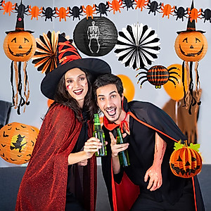 Halloween Party Decorations, Black Orange Party Supplies, Hanging Paper Lanterns Pumpkin Honeycomb Tissue Paper Fan Spider Garland Halloween Party for Kids Adults Home Decor Indoor Outdoor