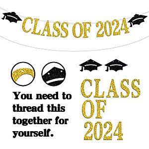 Class of 2024 Banner, Congrats Grad Bunting Sign for 2024 High School College Graduation Party Decorations Supplies, Black and Gold Glitter