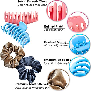 20 pack- Large Hair Clips for Thick Hair & Velvet Scrunchies, 4.3 & 4in Big Claw Clips Set with 4.5in Soft Scrunchies Matches Any Outfit for Any Hairstyle on any Occasion