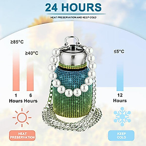 280ml Cute Bling Diamond Small Water Bottles, Stylish Rhinestone Stainless Steel Insulated Water Bottles, Leak-Proof Vacuum Flask Thermal Bottles with Pearl Bracelet (Green)