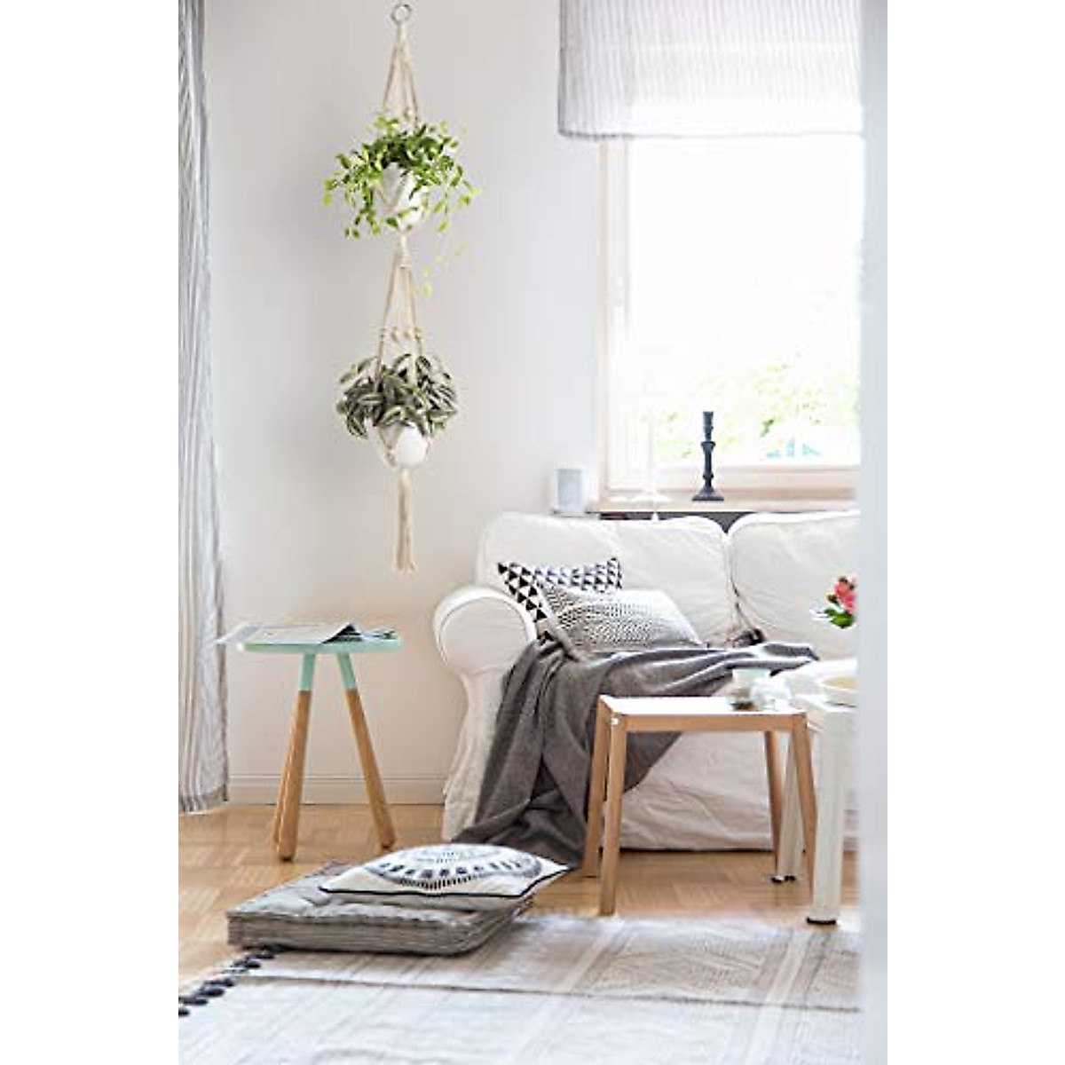 Mkono Macrame Double Plant Hanger Indoor Outdoor 2 Tier Hanging Planter Basket Cotton Rope with Beads 4 Legs 49 Inches