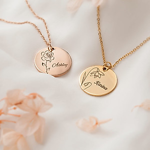 Anavia 1/2/3/4 Disc Birth Month Flower Name Necklace, Personalized Floral Coin Necklace, 24 Flower Options Customized Gold Plated Birthday Gift Jewelry for New Mom Friends Family (1 Disc, Rose Gold)