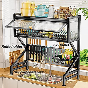LOYALHEARTDY Over Sink Dish Drying Rack with Cover, 2 Tier Large Storage Kitchen Sink Organize Stand Shelf Space Saver Metal Dish Drying Rack for Kitchen Counter, 33.5"