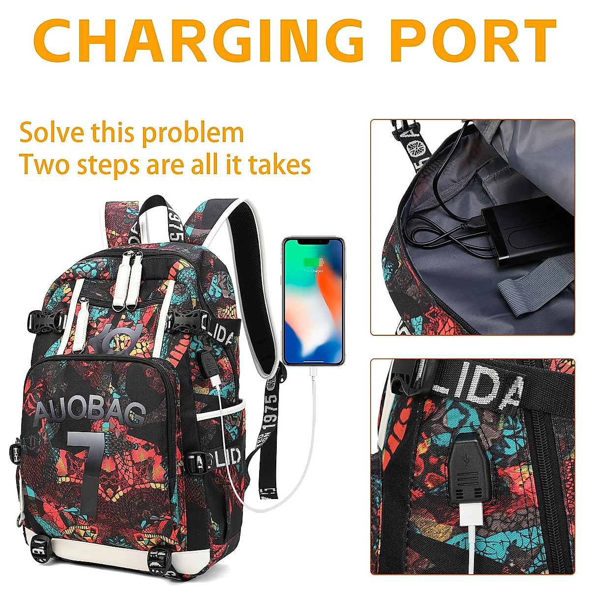 AUOBAG Canvas Backpack for men School bag for boys Bookbag for teenage with USB Charging Port Fits 15.6 Inch Notebook (Black)