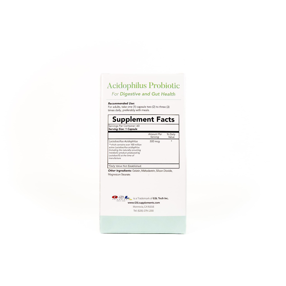 GSL Technology | Acidophilus Probiotic | 100 Million Active Organisms | Dietary Supplement for Gut Health | Made in The USA | 3 Pack of 60 Count (180 Capsules Total)