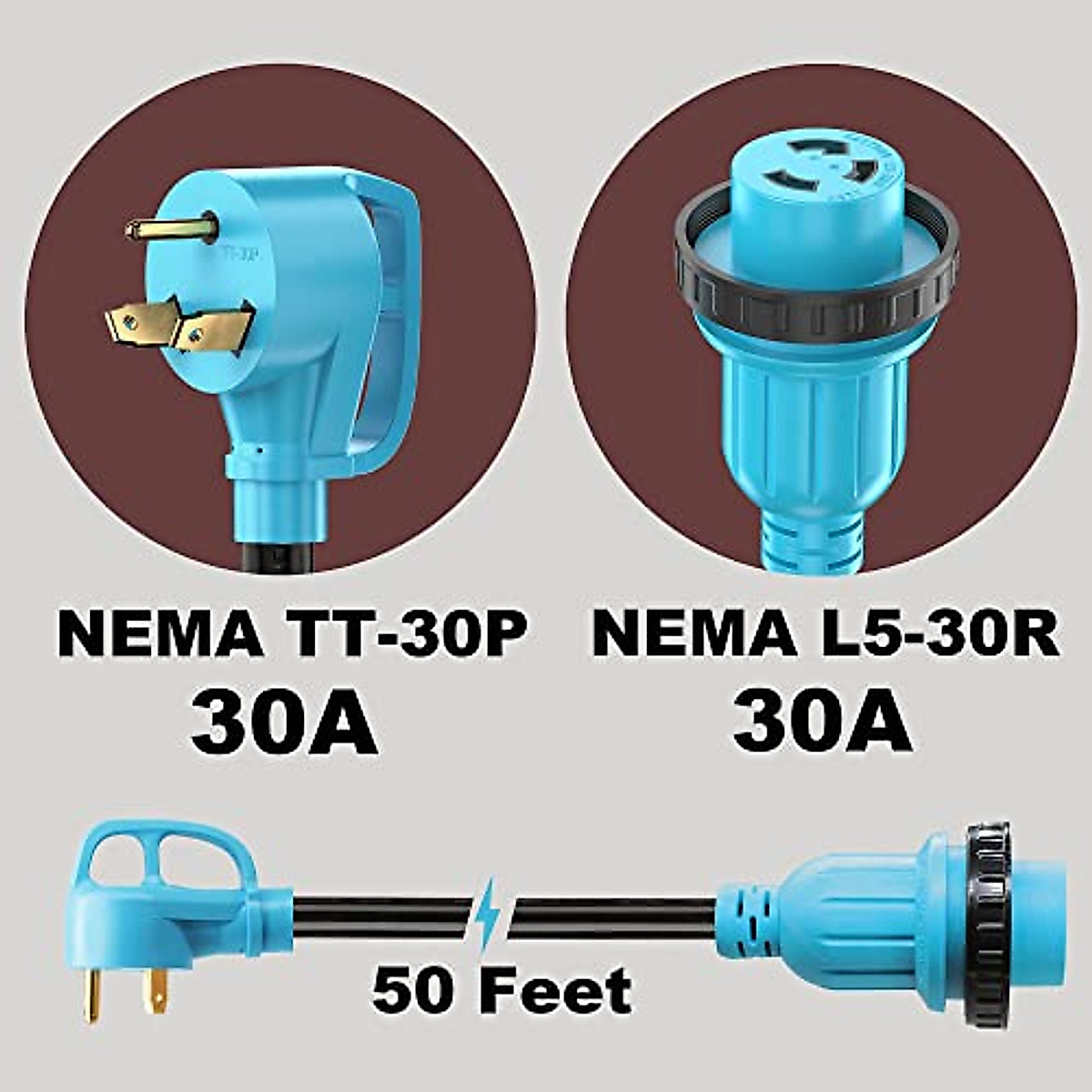 CircleCord 30 Amp 50 Feet RV Power Cord Twist Locking, Heavy Duty 10 Gauge 3 Wire STW Pure Copper Wire with Grip Handle, TT-30P to L5-30R with Cord Organizer for RV Trailer Campers