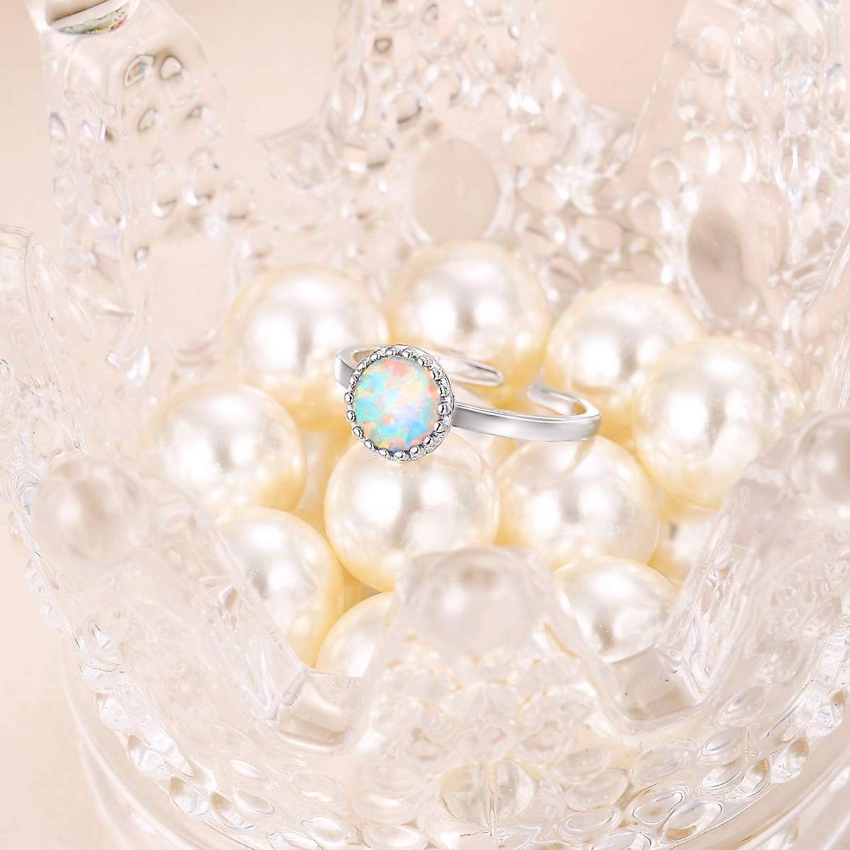 EVER FAITH 925 Sterling Silver Daily Dainty Finger Accessory Prong Setting Round White Opal Adjustable Cuff Ring