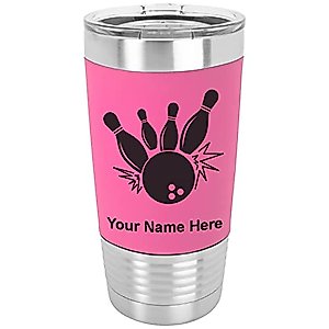 LaserGram 20oz Vacuum Insulated Tumbler Mug, Bowling Ball and Pins, Personalized Engraving Included (Silicone Grip, Pink)
