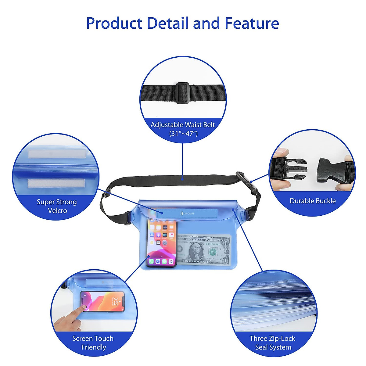 SYNCWIRE Waterproof Pouch Bag with Adjustable Waist Strap, Blue and Black, Medium, Polyvinyl Chloride (PVC), 2 Pack
