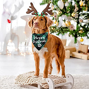 Idepet 3 PCS Christmas Dog Bandanna Bow Tie Collar with Reindeer Headband Costume Xmas Pet Plaid Triangle Bibs Scarf Kitten Adjustable Bow Tie for Cats and Dogs Puppy Christmas Decoration (Green)
