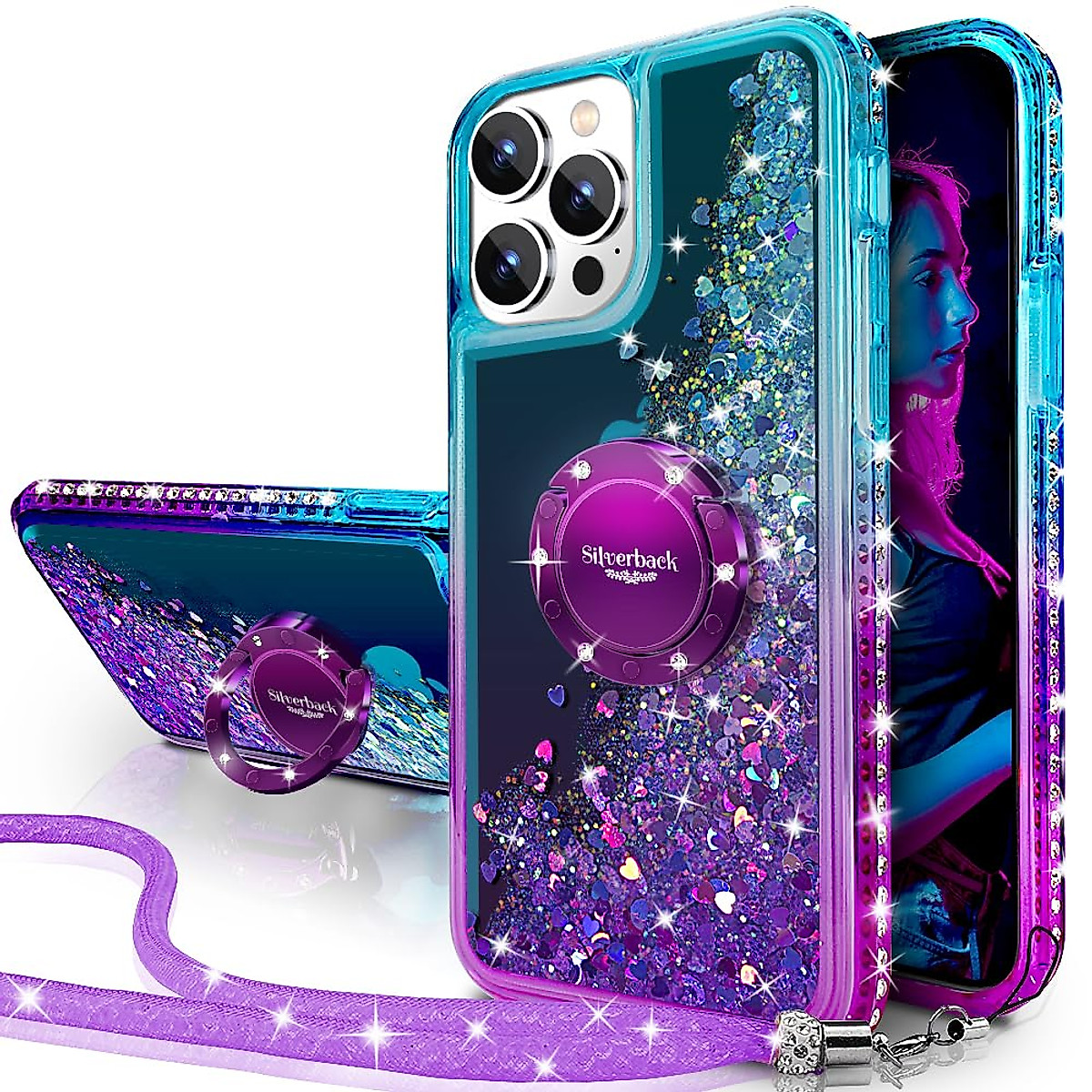 Silverback Designed for iPhone 14 Pro Case,14 Pro Phone Case with Ring Kickstand,Glitter Bling Flowing Liquid Quicksand for Women Girls Phone Case for iPhone 14 Pro,Purple