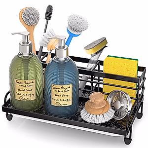 Cisily Sponge Holder Kitchen Sink Caddy Organizer, Rustproof Sponge Holder for Kitchen Sink, Non-Slip Soap Dish Dispenser Brush Holder Storage, Home & Kitchen Essentials Accessories（Matte Black）