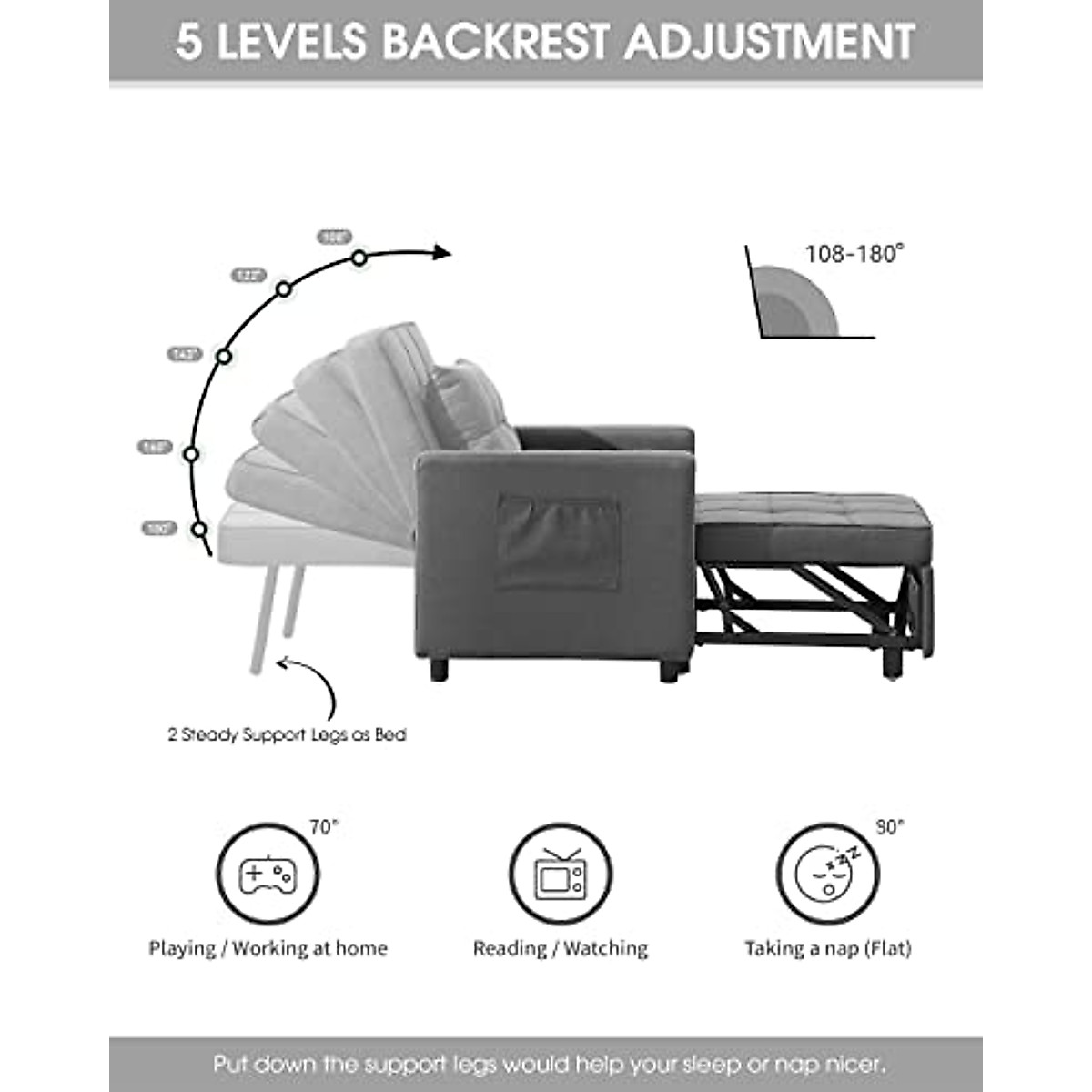 XSPRACER Convertible Chair Bed, Sleeper Chair Bed 3 in 1, Adjustable Recliner,Armchair, Sofa, Bed, Fleece, Dark Gray, Single One
