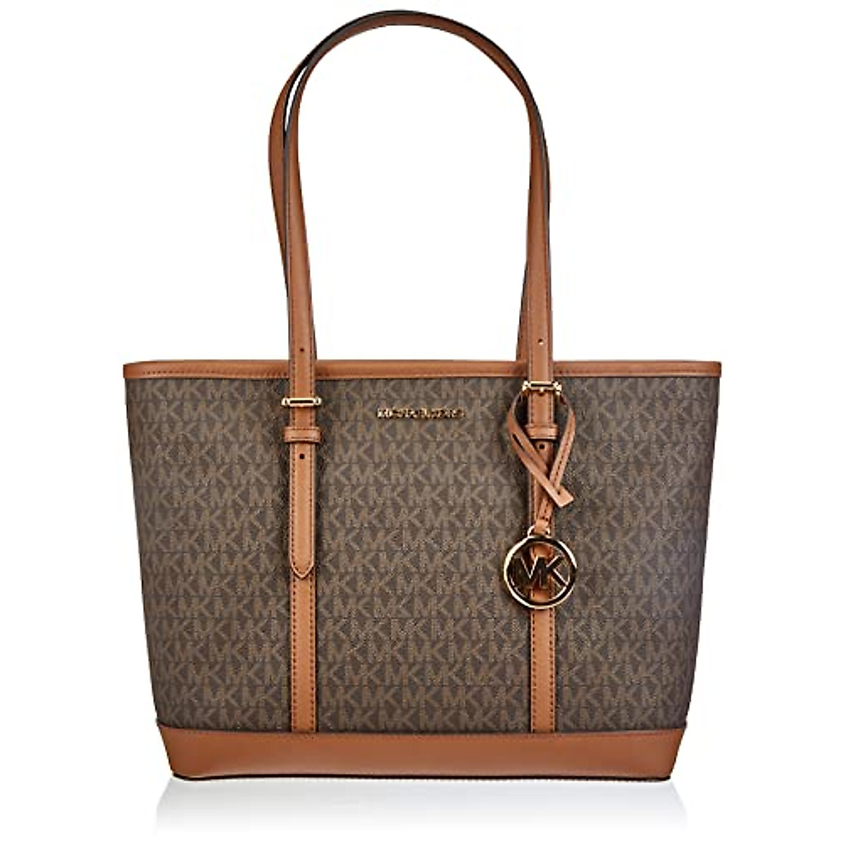 Michael Kors Jet Set Small Zip Top Shoulder Tote Handbag Brown Signature