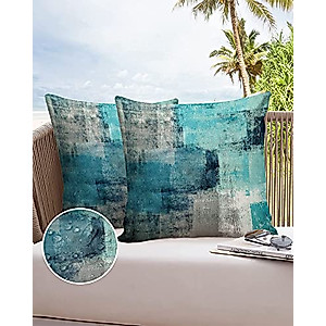 Turquoise Outdoor Throw Pillow Cover Waterproof Modern Art Abstract Painting Lumbar Pillowcases Set of 2 Teal Gray Decorative Patio Furniture Pillows for Couch Garden 18 x 18 Inches