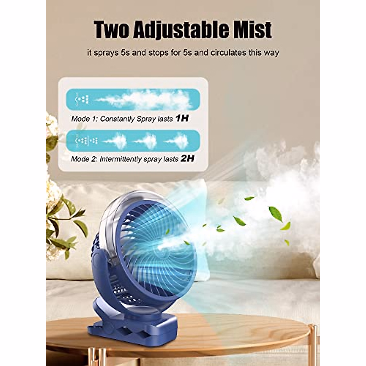 FRIZCOL Clip on Fan with Misting - 6000mAh Portable Fan with Light & Hook - Rechargeable Fan Battery Powered Up to 40 Hours Cooling & 2h Misting for Travel, Office, Desk