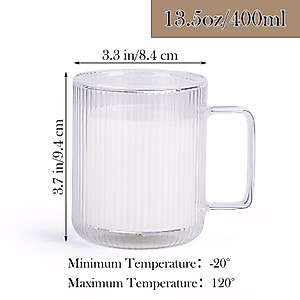 Schliersee Double Walled Glass Coffee Mug, 13.5 OZ Clear Ribbed Glassware Embossed Glass Cups with Handle for Cappuccino, Latte, Cereal, Yogurt, Beer, Milk, Hot or Cold Beverages Cup