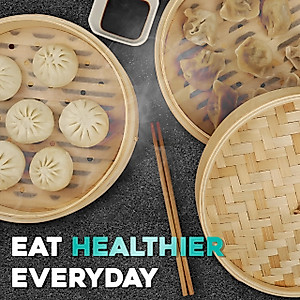 Dumpling Bamboo Steamer for Cooking with a Lid 10 Inch 2 | Tier Wooden Basket with 2 Pair of Chopsticks | Bun Steamer Basket | 1 Dumpling Maker, Sauce Dishes, and 20 Liners | Food Steamer basket