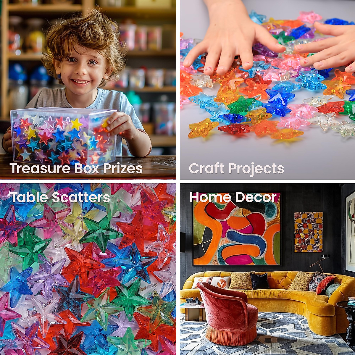 Plastic Stars - Gemstones and Crystals - Pack of 270pcs(1.32lb) Vase Filler - Jewels for Crafts - Fish Tank Rocks - Sensory Bin Filler - Gems for Crafting - Fake Ice - Aquarium Stones - Multicolored