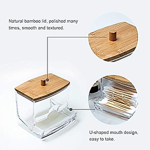 NAGU Acrylic Qtip Holder with Bamboo Lid, Clear Small Cotton Swab Dispenser, Plastic Ear Stick Swabs Holder, Square Toothpick Storage Container, Bathroom Countertop Decorative Storage Organizer