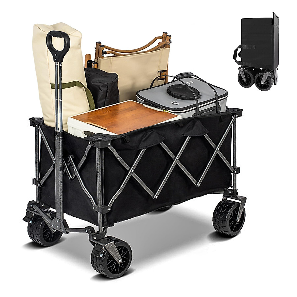 Famiry Collapsible Folding Wagon Cart Heavy Duty Foldable, Beach Wagon with Big All-Terrain Wheels for Sand, Outdoor Wagon Heavy Duty Folding for Camping Garden Sports, Black