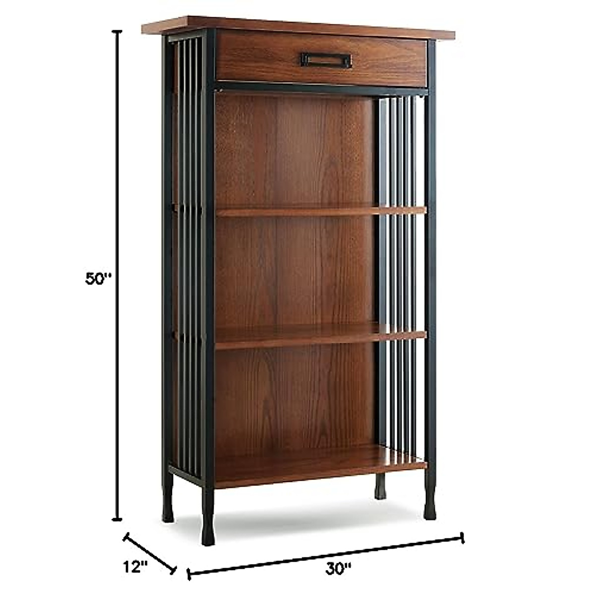 Leick Home 11262 Ironcraft Mantel Height Rustic Bookcase with Drawer Storage, 12" D x 30" W x 50" H, Mission oak/matte black