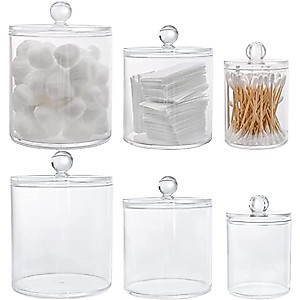 YOUEON 6 Pack Apothecary Jars with Lids, Qtip Holder Dispenser with Lid, 8/18/28 Oz Clear Cotton Ball Holder, Cotton Pad Holder, Bathroom Canister for Cotton Swab, Cotton Pads, Cotton Ball, Makeup