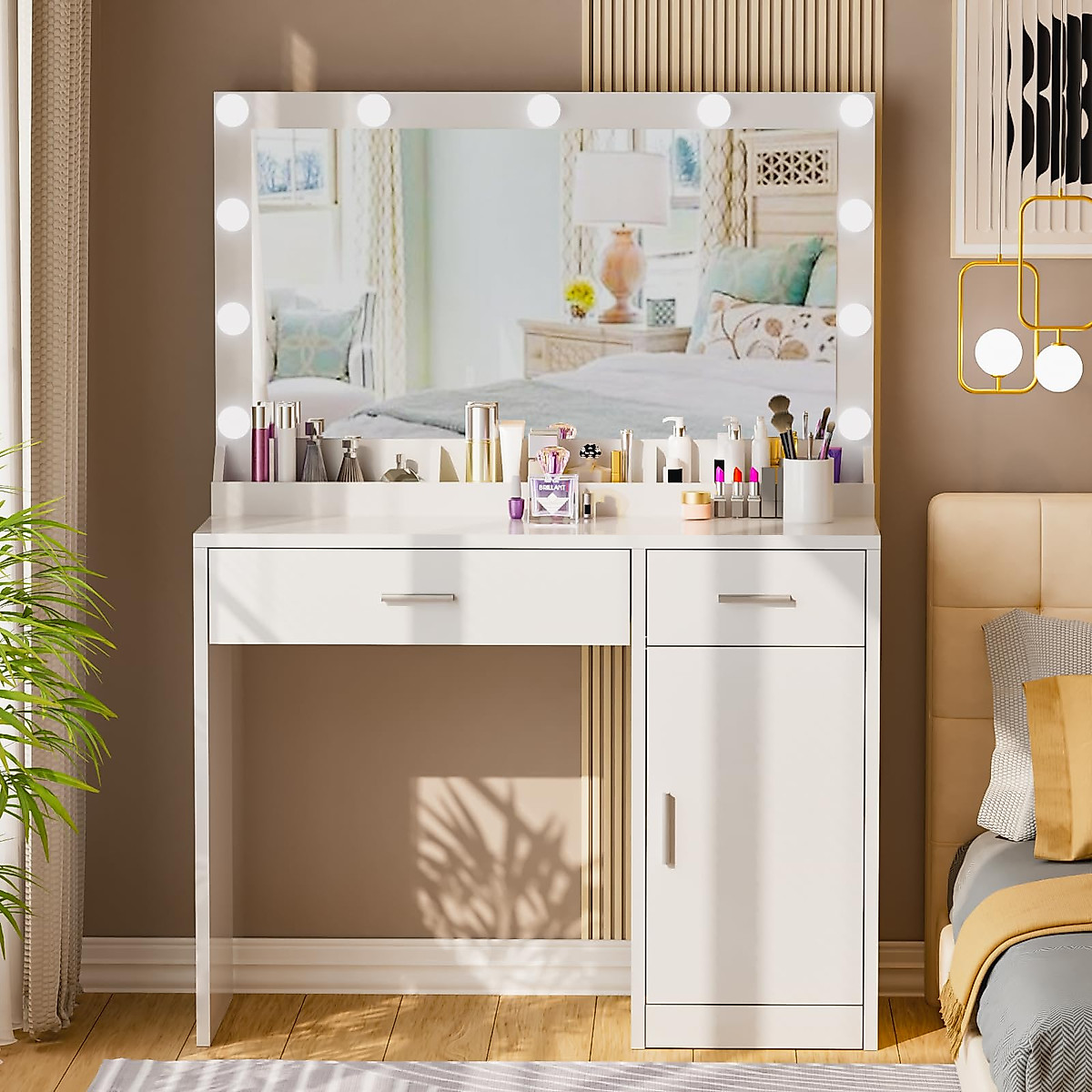 Likein Vanity Desk with Mirror and Lights, Makeup Vanity Desk with Lights, Modern Dressing Table with Charging Station 2 Drawers & Cabinet for Girls Women