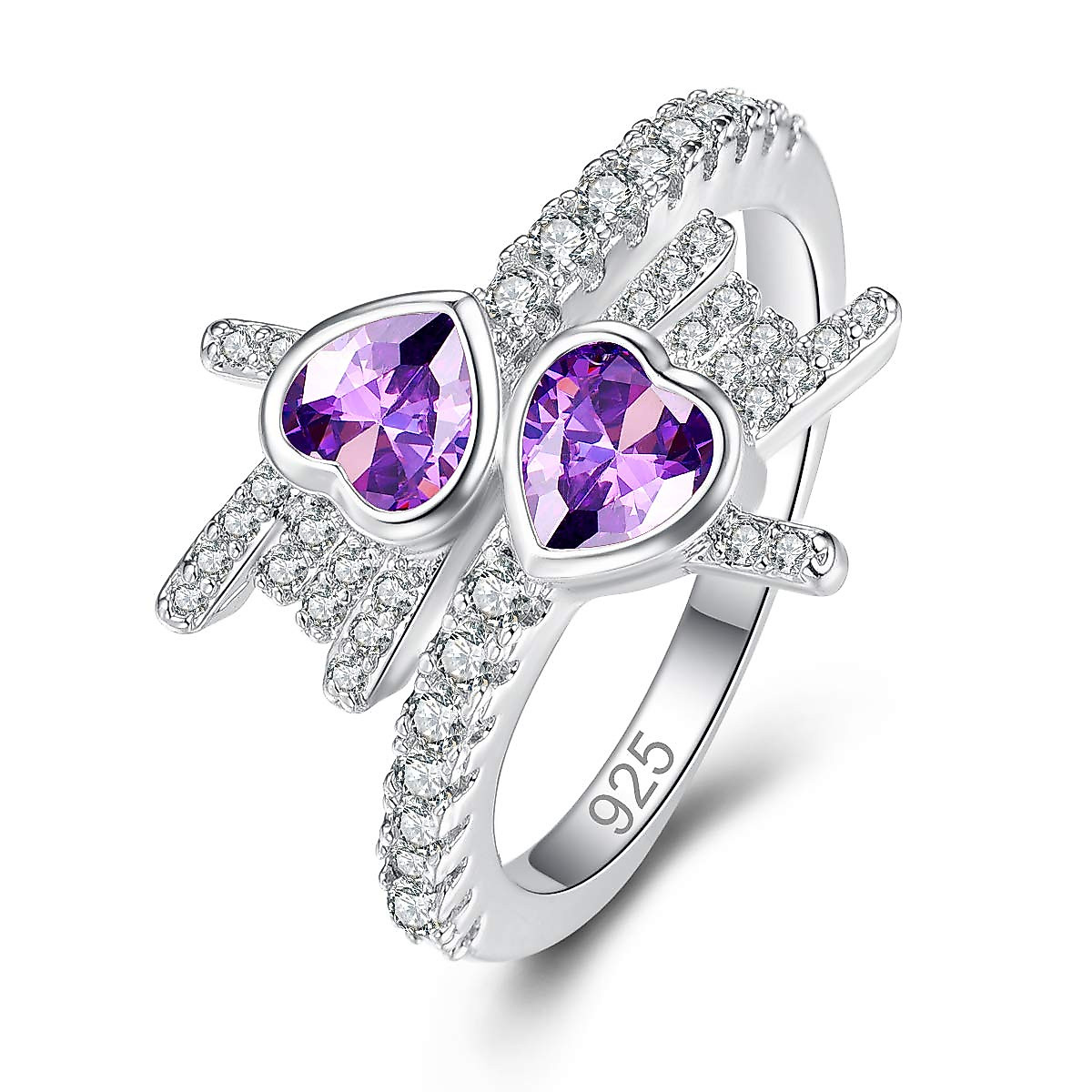 Emsione 925 Sterling Silver Plated Created Amethyst 2 Heart CZ Cut Whit Rock Hands Eternity Ring Anniversary Wedding Engagement Band Ring Size 9 Color Purple