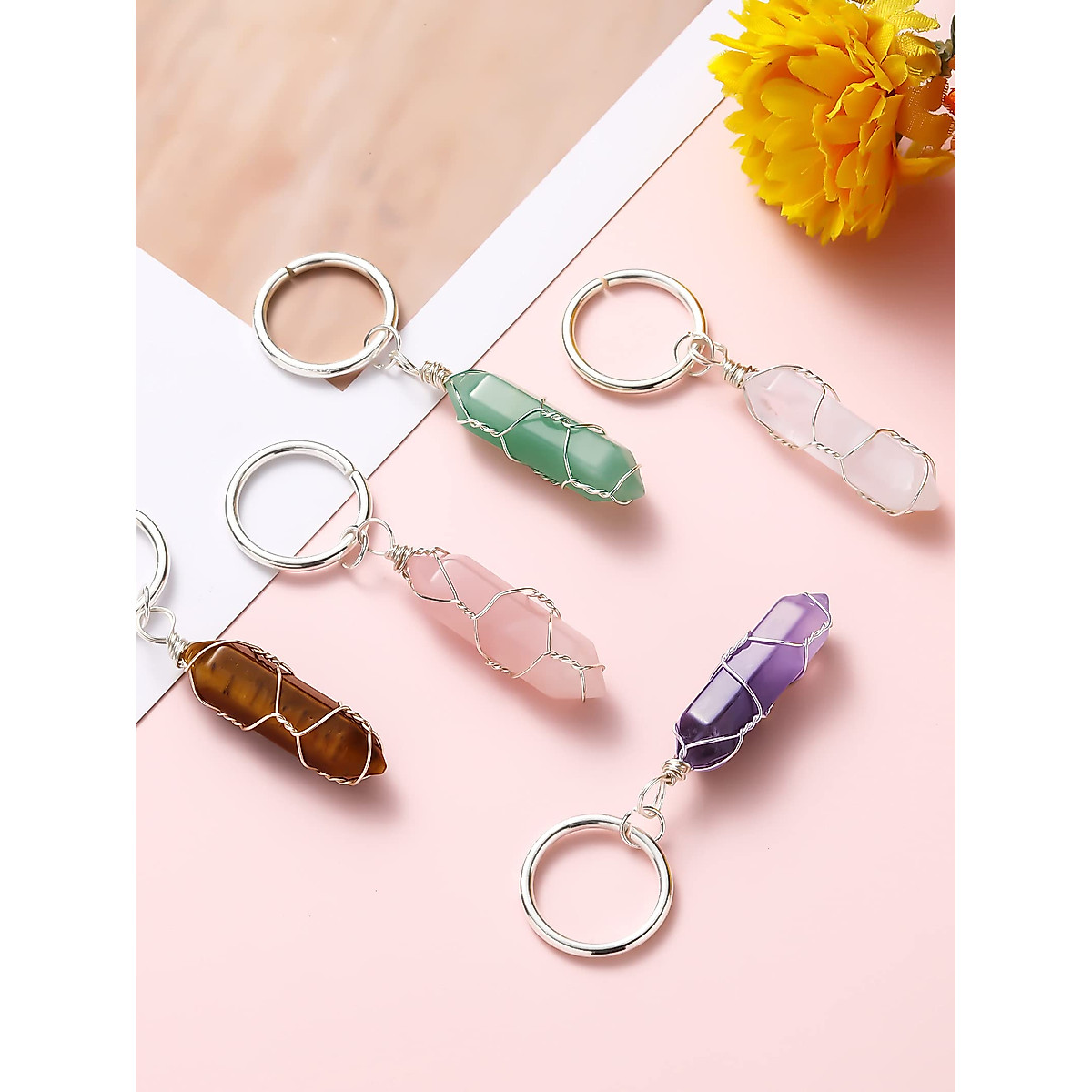 5 Pieces Crystals Stone Keychain Healing Stones Jewelry Hexagonal Crystal Keyring Quartz Pendants Keychain Quartz Crystal Healing Crystal for Women