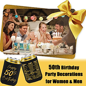 BackURyear 50th Birthday Decorations for Women men, 50 Years Old Birthday Decor, Fifty Birthday Party Supplies, 50th Birthday Party Beverage Can Cooler Sleeves, Black & Gold (12 Pcs)
