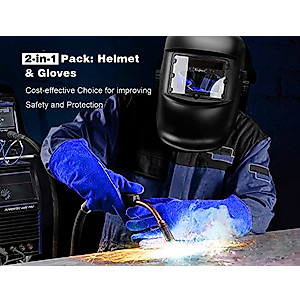 Kuject Auto Darkening Welding Helmet with Welding Gloves, True Color Solar/Battery Powered Welding Hood, Welding Mask With Wide Shade 4/9-13 for MMA TIG MIG MAG Arc Welder Mask
