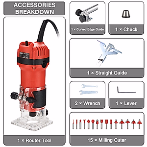 TEENO Wood Router, 800W Compact Router Tools for Woodworking, 31000 RPM Hand Trim Router with 15 Pcs 1/4" Router Bits Set, Edge Guide, Roller Guide