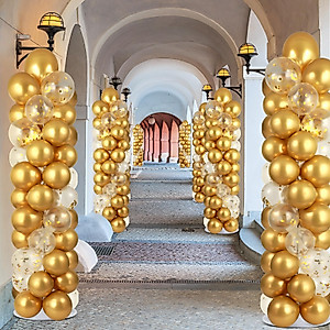2 Sets Metallic Gold Balloon Column Stand Kit with 100 Balloons Adjustable Balloon Tower Stand with Bases for Floor Gold Confetti Balloons Column Kit for Birthday Wedding Anniversary Graduation Party