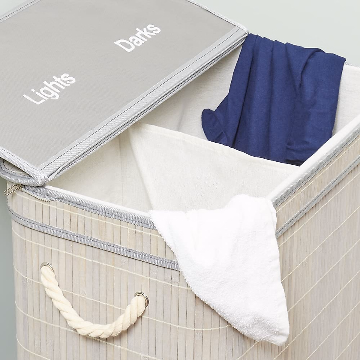 Home Basics 2 Compartment Foldable Rectangle Bamboo Hamper with Liner (Grey)