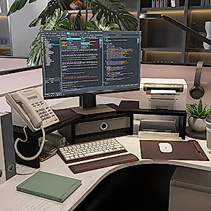 ORLALAR Dual Computer Monitor Stand with Drawer, Office Supplies Desktop Organizer Stand 3 Shelf Monitor Riser with Adjustable Length and Angle, Home Office Desk Accessories, Black