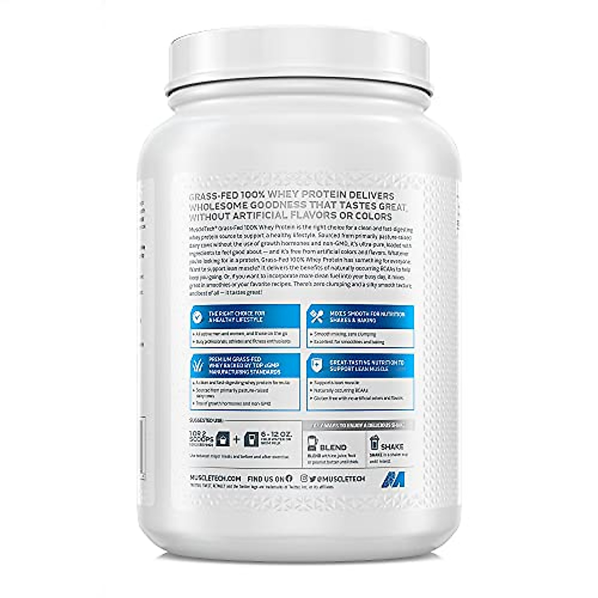 Grass Fed Whey Protein | MuscleTech Grass Fed Whey Protein Powder | Protein Powder for Muscle Gain | Growth Hormone Free, Non-GMO, Gluten Free | 20g Protein + 4.3g BCAA | Deluxe Vanilla, 1.8 lbs