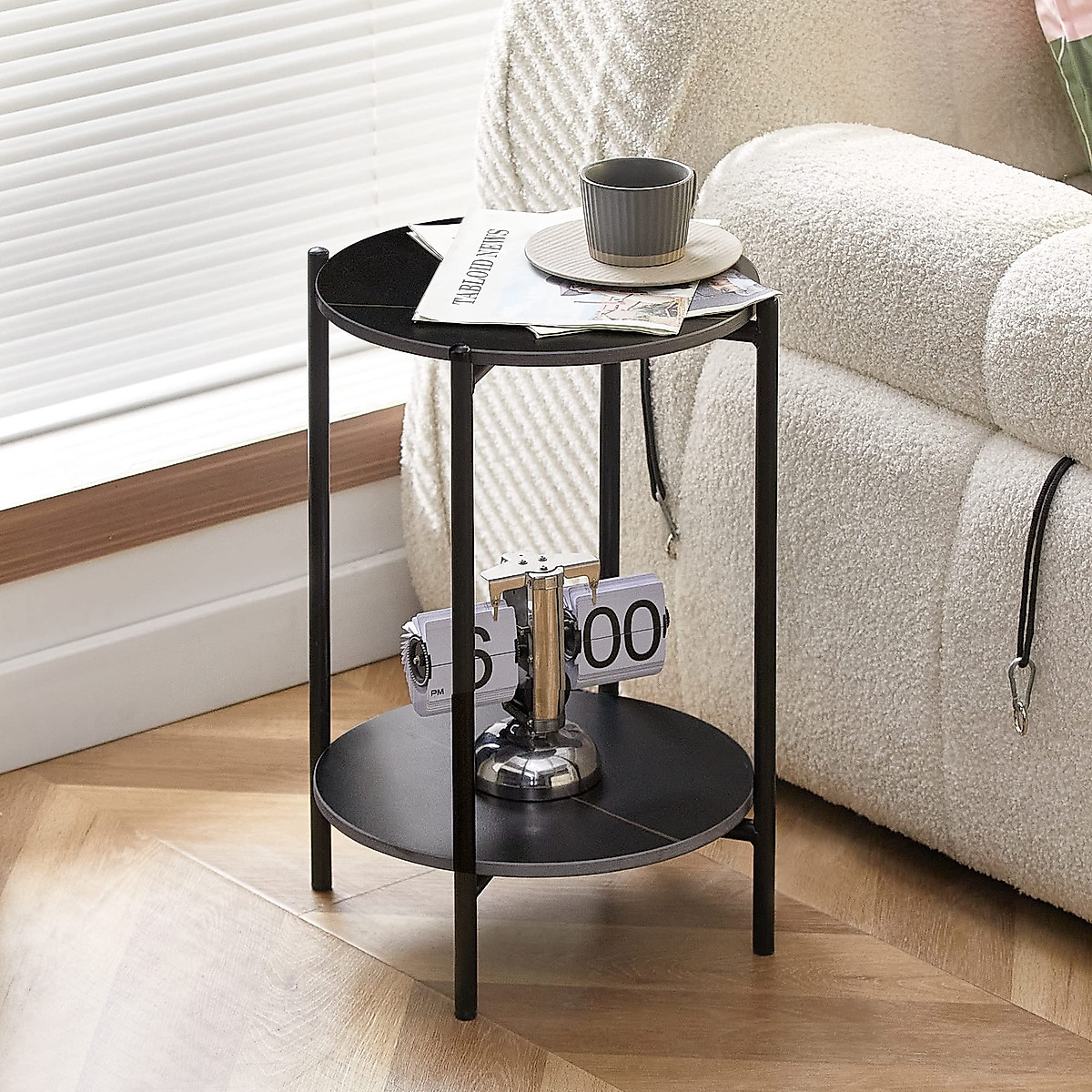 Aimerive Modern 2- Tier Side Table with Removable Marble Tabletop, Small End table with Metal Frame, Modern Round Nightstand for Bedroom, Living Room Coffee Table for Balcony Patio (Black)