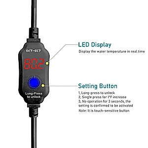 auomii Mini Submersible Aquarium Heater, 50W/100W Small Fish Tank Heater, Built-in Thermometer, 2 LED Temperature Display, External Temperature Controller, Smart Memory, 50W (1-10Gallons)