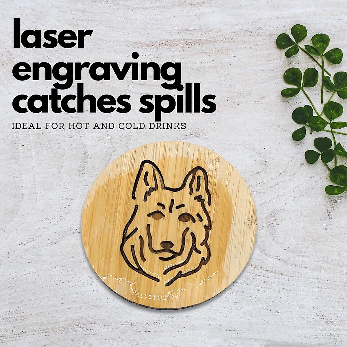 Set of 6 Bamboo Coasters with Holder - 3.9 Inch Fun Dog Coasters - Non-Stick Absorbent Engraved Laser-Cut - Durable, Washable (German Shepherd)