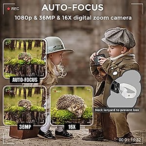 Digital Camera, RUAHETIL Autofocus FHD 1080P 36MP Vlogging Camera for Kids, 16X Zoom 2 Charging Modes Kids Compact Camera Point and Shoot Camera for Kids Teens Students（Dark）