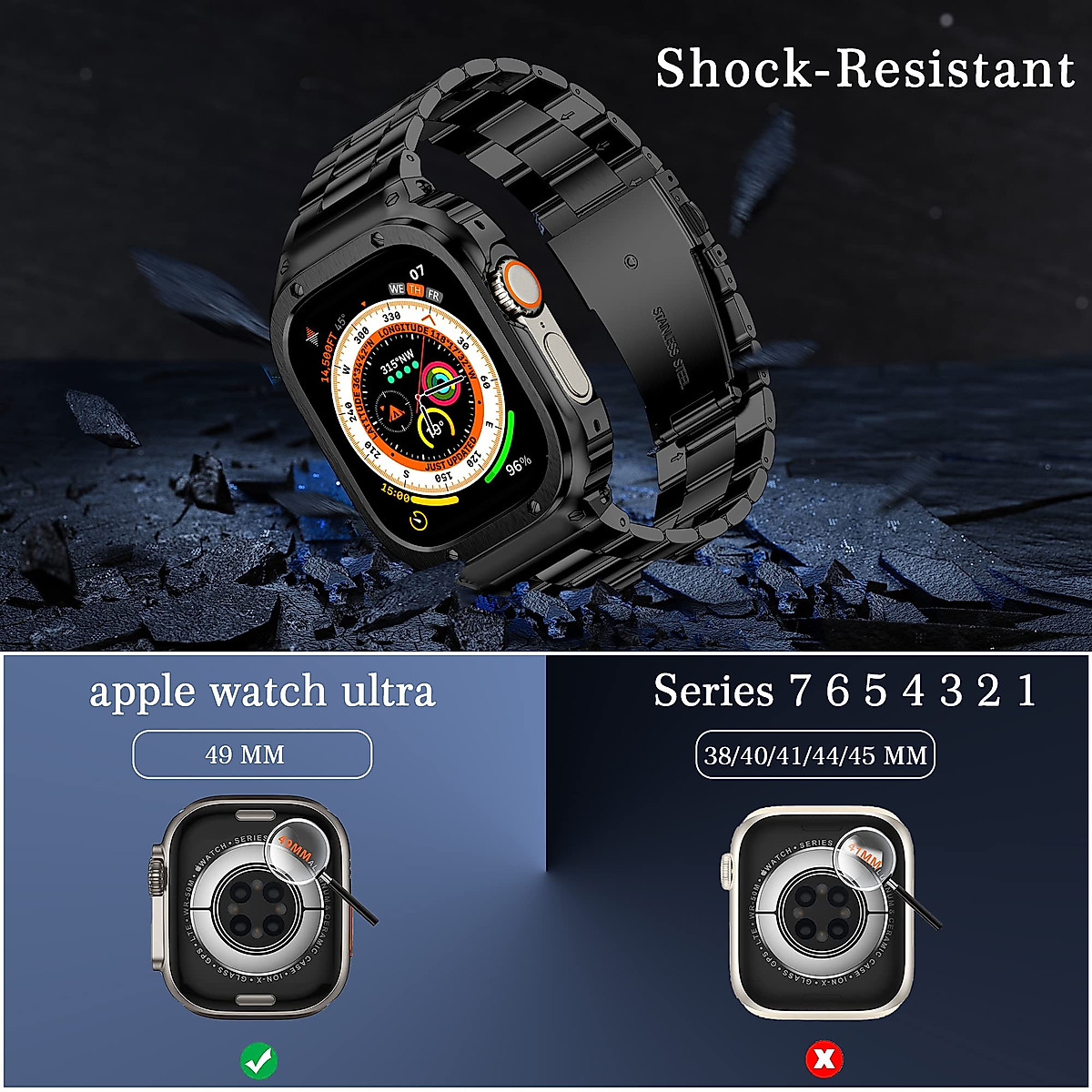 HASLFM Stainless Steel Apple Watch Band with Case Compatible with Apple Watch Ultra/Ultra 2(49mm),Metal iWatch Band and Protective Bumper Cover, Rugged Replacement Strap for Men 2023,Black